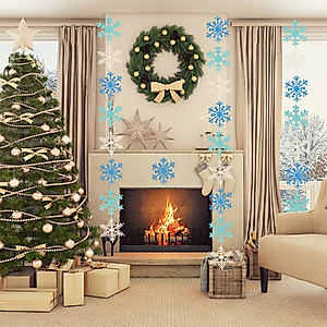 3 Pack Glitter Snowflake Banner Winter Snowflake Garland for Christmas Holiday Themed Party Decor Santa Festive Party Decor Winter Mantle New Year Party Home Decorations, White & Blue & Light Blue