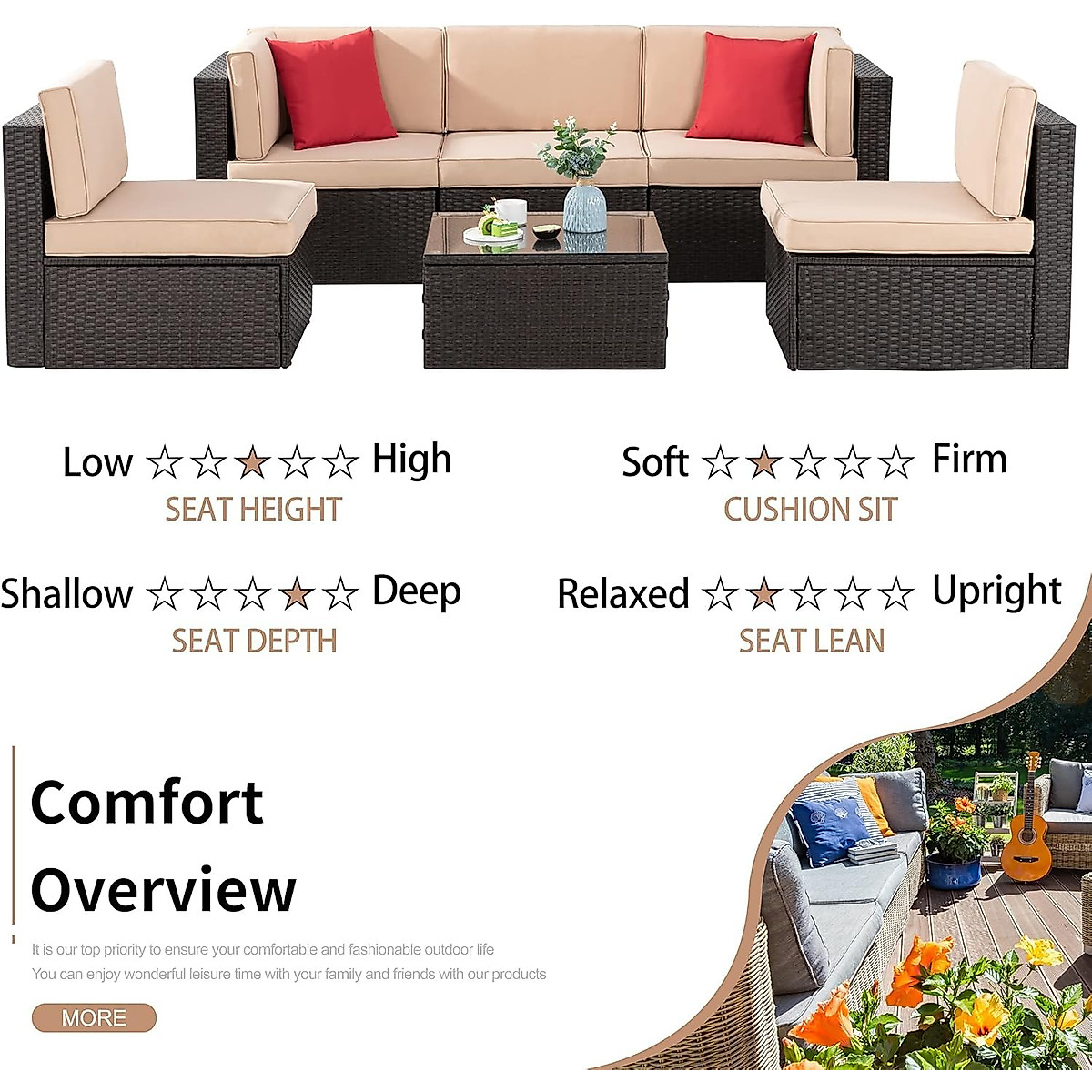 Shintenchi 6 Pieces Patio Furniture Sets Outdoor All-Weather Sectional Patio Sofa Set PE Rattan Manual Weaving Wicker Patio Conversation Set with Glass Table&Ottoman Cushion and Red Pillows, Neutral