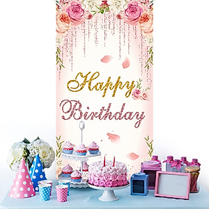 Rose Gold Birthday Door Banner Decorations, Pink Flower Happy Birthday Door Cover Sign Party Supplies for Women Girls, 16th 21st 30th 40th 50th 60th Birthday Photo Booth Background Decor