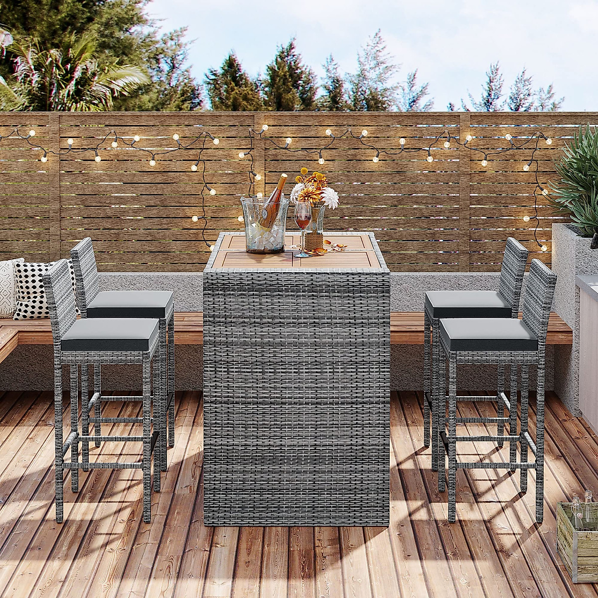 XD Designs 5-Pieces Outdoor Patio Bar Set, All-Weather PE Wicker Counter Height Dining Table Set, Acacia Wood Table Top, Comfort 4 Bar Chairs with Ergonomic Backrests, Footrest and Removable Cushion