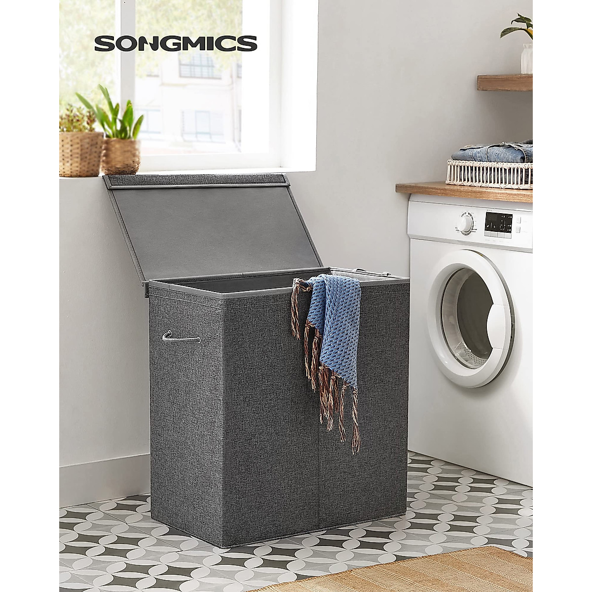 SONGMICS 37.5 Gal. Foldable Laundry Basket with 2 Compartments, Magnetic Lid and Handles, Removable Liner Bag, Dark Gray