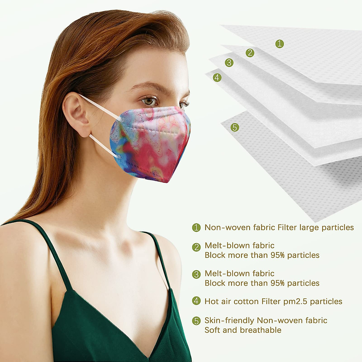 KN95 Face Masks 50 Pack 5-Ply Breathable Safety Respirator Multicolor Cup Dust Disposable KN95 Mask