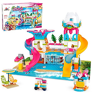Building Set for Girls Friends Set Summer Swimming Pool Building Toys Water Park Building Blocks Playset Includes Ice-Cream Car, Shower Room, Christmas Birthday Present Gift for Kids Girls 6-12