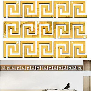 Lubise 32Pcs Gold DIY Mirror Stickers Removable Adhensive Wall Stickers Decals for Home Art Room Bedroom Background Decoration (Geometric Greek Key Pattern)