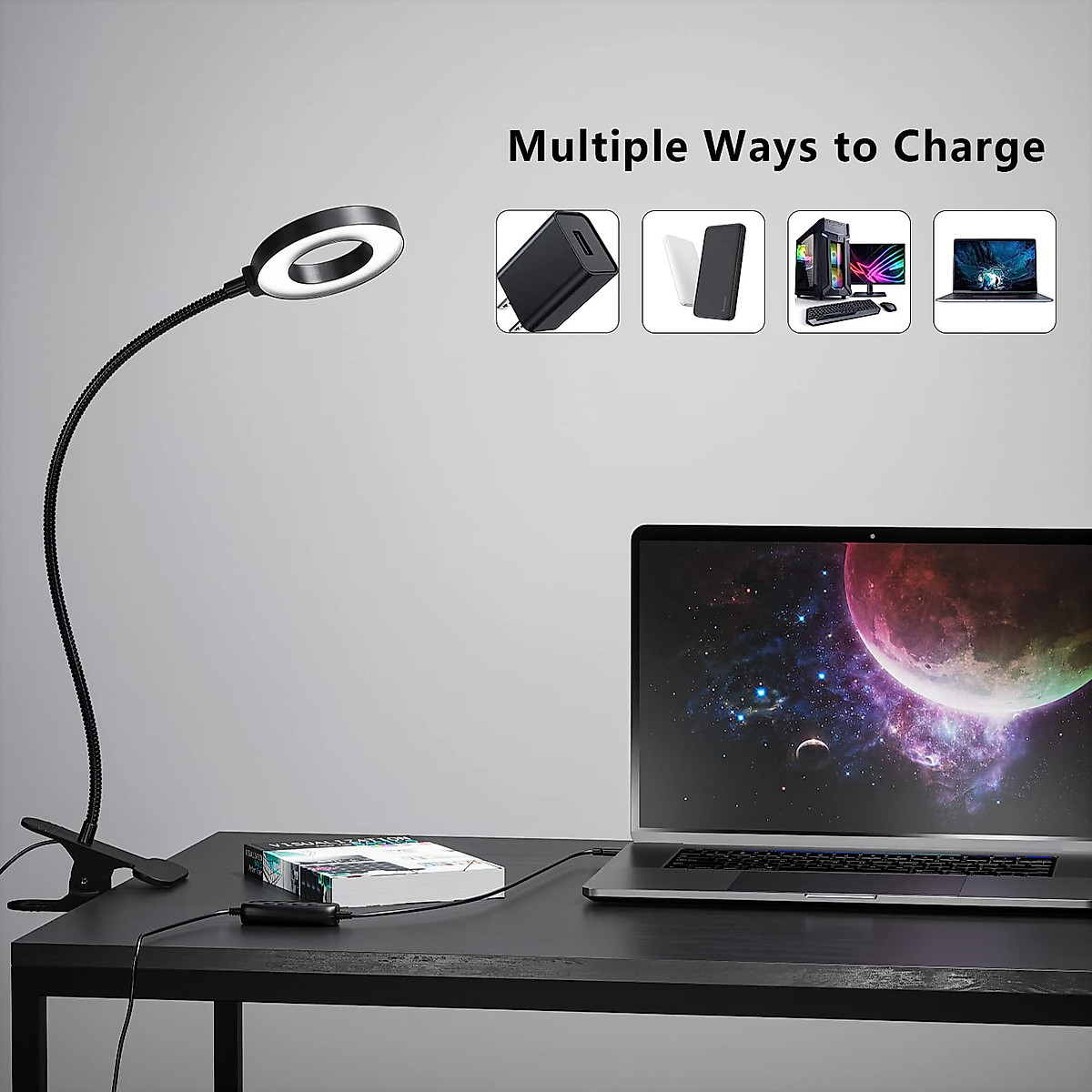 Juhefa Clip on Light, USB Powered LED Desk Lamp with Gooseneck for Reading in Bed, Headboard, Office, Makeup, 10-Level Dimmable, 3 Colors Changable (with Adapter)