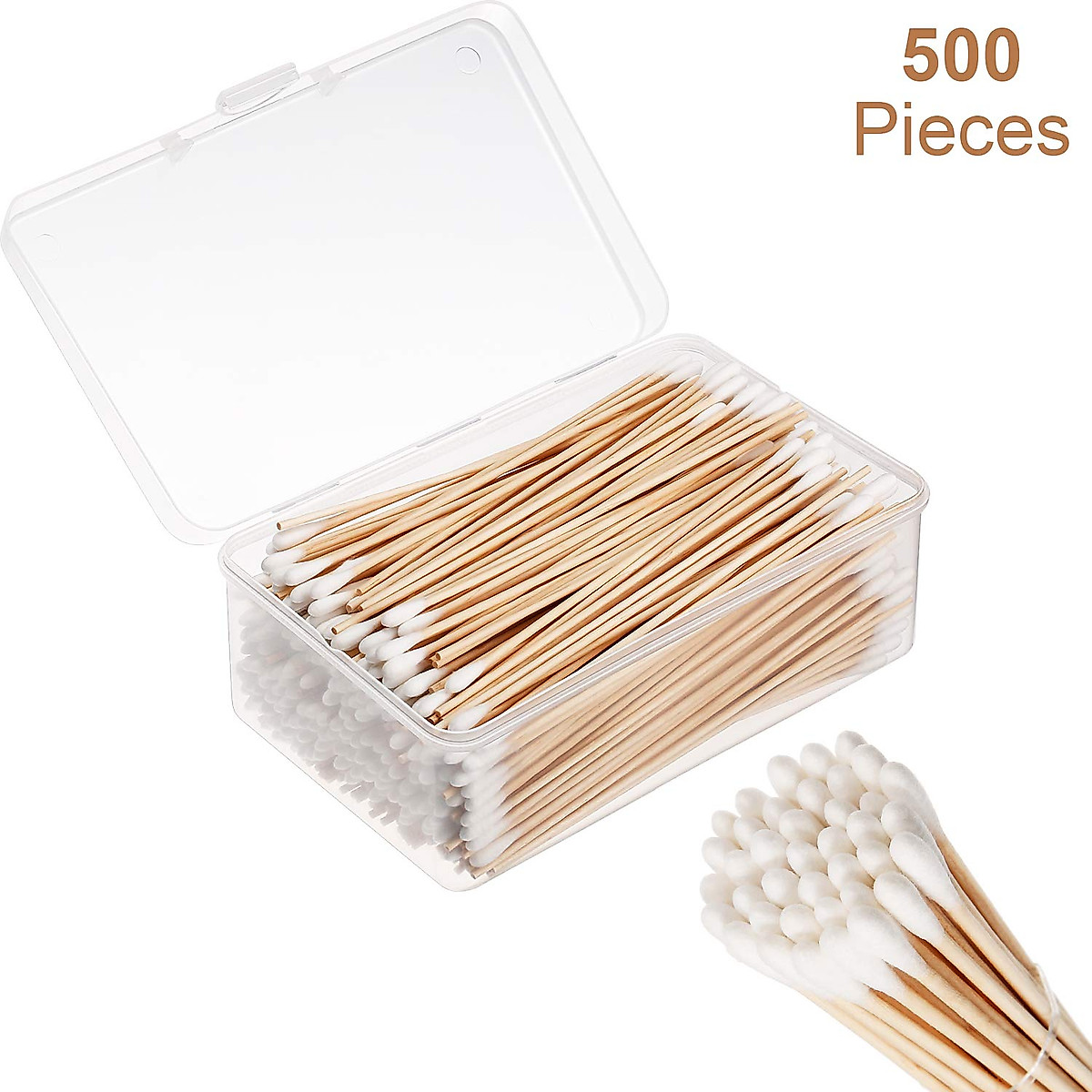 Norme 6 Inch 500 Pcs Long Cotton Swabs with Wooden Handles Cleaning Swabs Cotton Buds for Oil Makeup Eye Ears Eyeshadow Brush and Remover Tool in Storage Case(Round Tip)