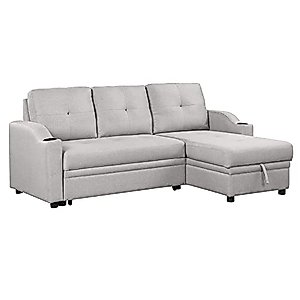 Merax L Shaped Sectional Sofa with Pull-Out Sleeper Bed Chaise Lounge for Living Room, Apartment or Small Spaces Love Seats, Antique Gray w/Storage