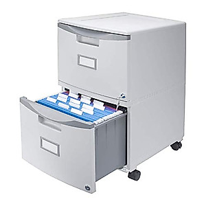 Storex Plastic Two-Drawer File Cabinet – Locking Document Organizer with Casters for Home and Office, Gray, 1-Pack (61310B01C)