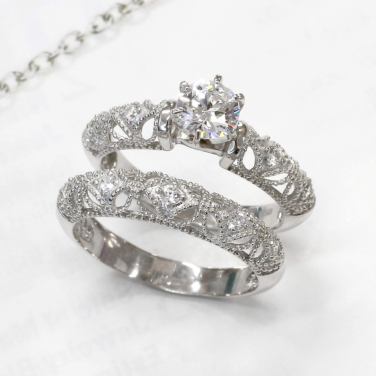 925 Sterling Silver Wedding Ring Set, 0.7 Carat Round CZ Stone Engagement Ring 2pcs Milgrain Filigree Vintage Bridal Set (Size 5 to 10), 9