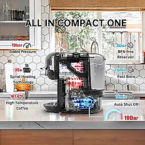 Pod Coffee Maker Single Serve, HiBREW 5-in-1 Espresso Machine for Pods, Kcup*/Nes* Original/DG*/ESE Pod/Espresso Powder Compatible, Cold/Hot Mode, 20 oz Removable Reservoir, LED Bars Indicator, 19 Bar