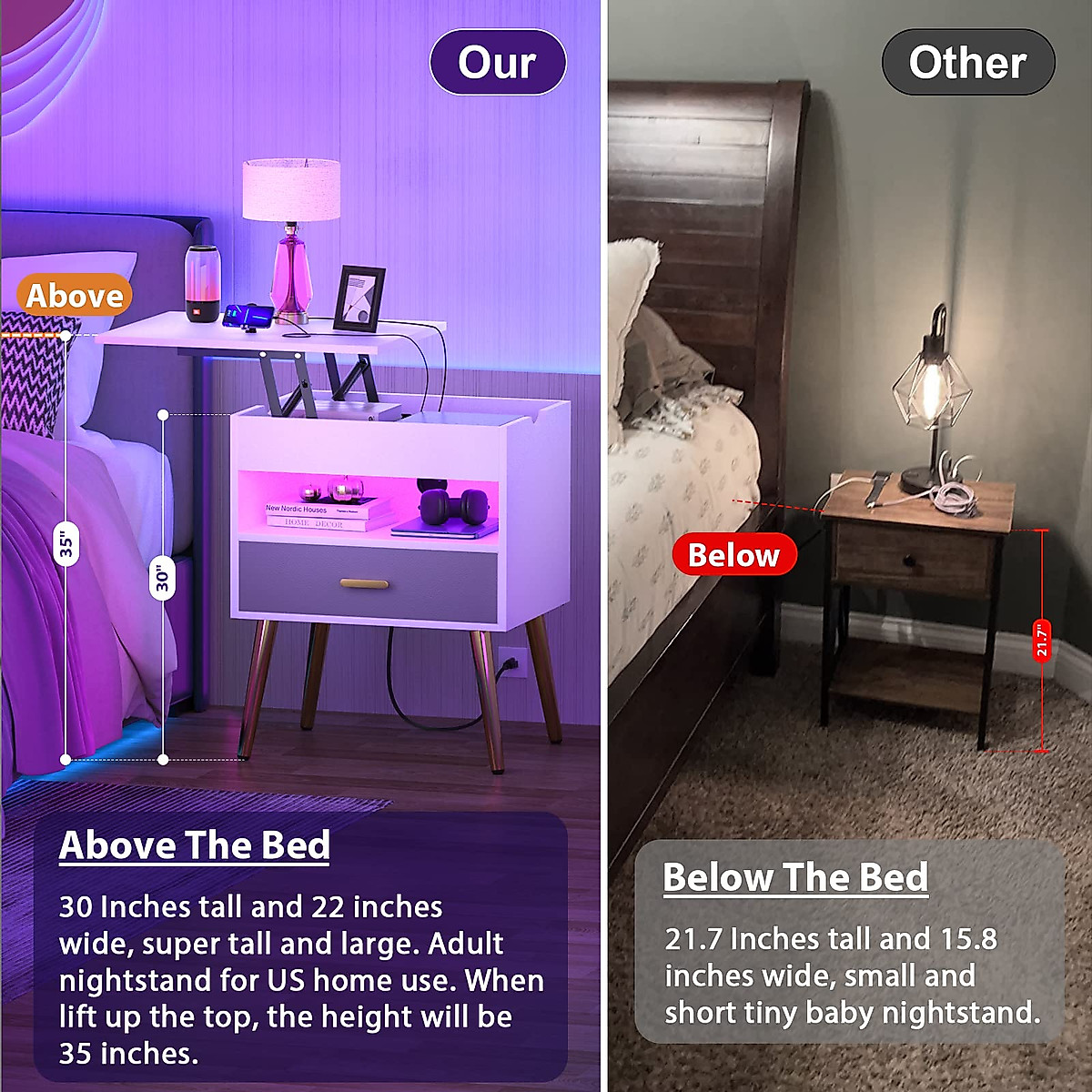 Cyclysio 35'' Nightstands Set of 2 with Reversible Lift Top, Large Night Stand with Lights, Tall Bedside Table with Charging, White Modern Side Table