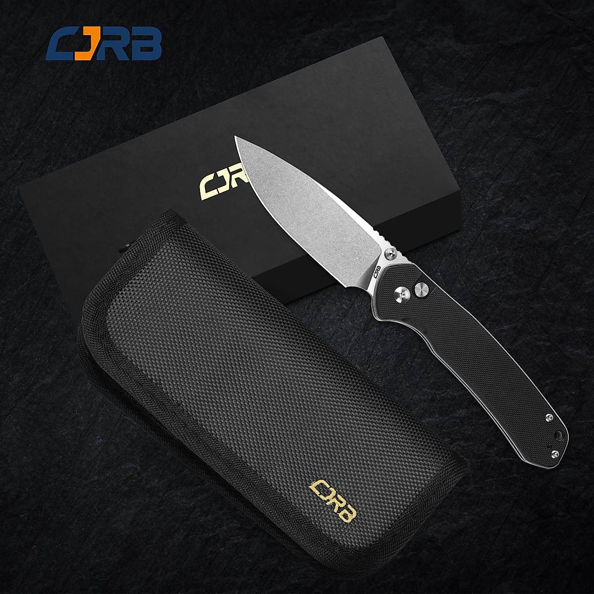 CJRB CUTLERY Pocket Knife Pyrite (J1925L) Button Lock EDC Large Foldable Knife AR-RPM9 Steel Blade and G10 Handle Black Outdoor for Women Men for Gifts