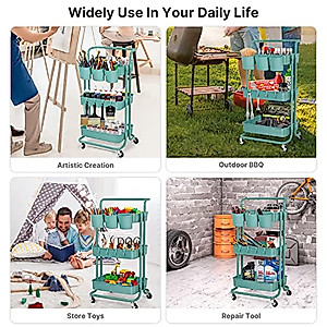 E&D FURNITURE 3 Tier Rolling Storage Cart with Wheels, Utility Art Craft Supply Cart Organizer on Wheels, Multipurpose Adjustable Makeup Cart Hair Salon Trolley with Handle & Hanging Cups Blue