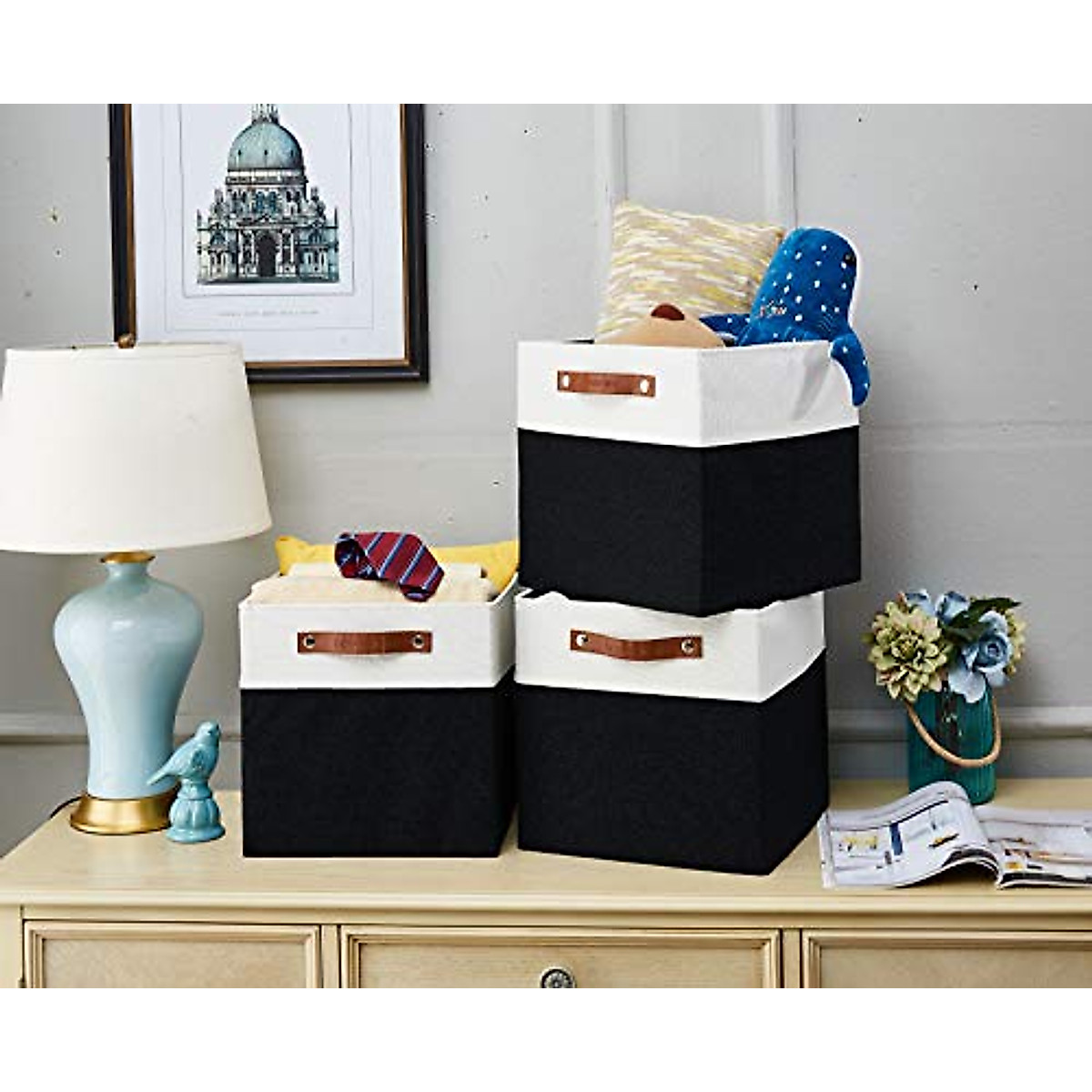 DECOMOMO Cube Storage Bins | Fabric Storage Cubes Closet Organizer Cubby Bins for Shelves Cloth Nursery Decorative Storage Cubes with Handles (Black &White, 11 x 11 x 11 inch)