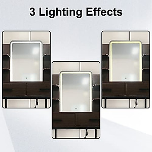 JIFULI Vanity Desk with Mirror and Lights, White Makeup Vanity with Lights and Power Strip, Vanity Mirror with Lights Desk and Chair, 3 Lighting Colors