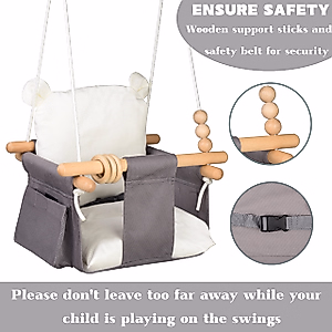 Canvas Baby Hanging Swing Baby Hammock Swings with 2 Side Pockets Safety Belt & Cotton Cushion Seat Infant Baby Swing Fabric Toddler Porch Swing Outside Hanging Baby Tree Swingoor Swings