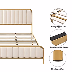 HITHOS Queen Size Bed Frame, Upholstered Bed Frame with Button Tufted Headboard, Heavy Duty Metal Mattress Foundation with Wooden Slats, Easy Assembly, No Box Spring Needed (Golden/Off White, Queen)