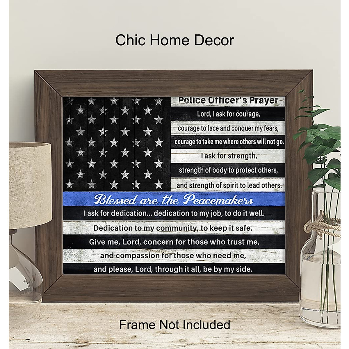 Police Officers Prayer Wall Art Print - Inspirational Religious Patriotic Thin Blue Line American Flag - Patriotic Gift for Cops, First Responders, Law Enforcement - Home or Room Decor Poster