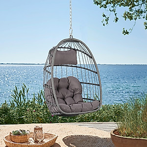 Patiorama Indoor Outdoor Egg Swing Chair with Stand, Patio Grey Wicker Rattan Hanging Chair with Rope Back, Cushion,Cover,All Weather Foldable Hammock Chair for Bedroom, Porch, Garden (Dark Grey)
