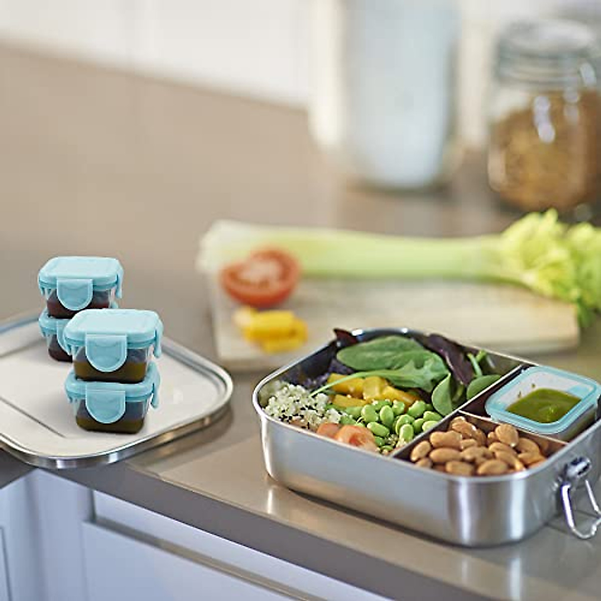 Amytalk Mini Salad Dressing Containers Reusable Plastic Sauce Containers Small Sauce Condiment Cups with Lid for Lunch Box Picnic Travel (Blue)