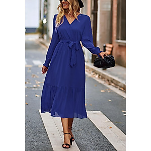 PRETTYGARDEN Women's Floral Print Boho Dress Long Sleeve Wrap V Neck Ruffle Belted A-Line Flowy Maxi Dresses (Solid Blue,Large)