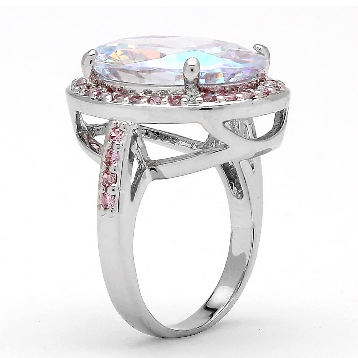 PalmBeach Silvertone Oval Cut Aurora Borealis and Pink Cubic Zirconia Halo Cocktail Ring Sizes 6-10 Size 9