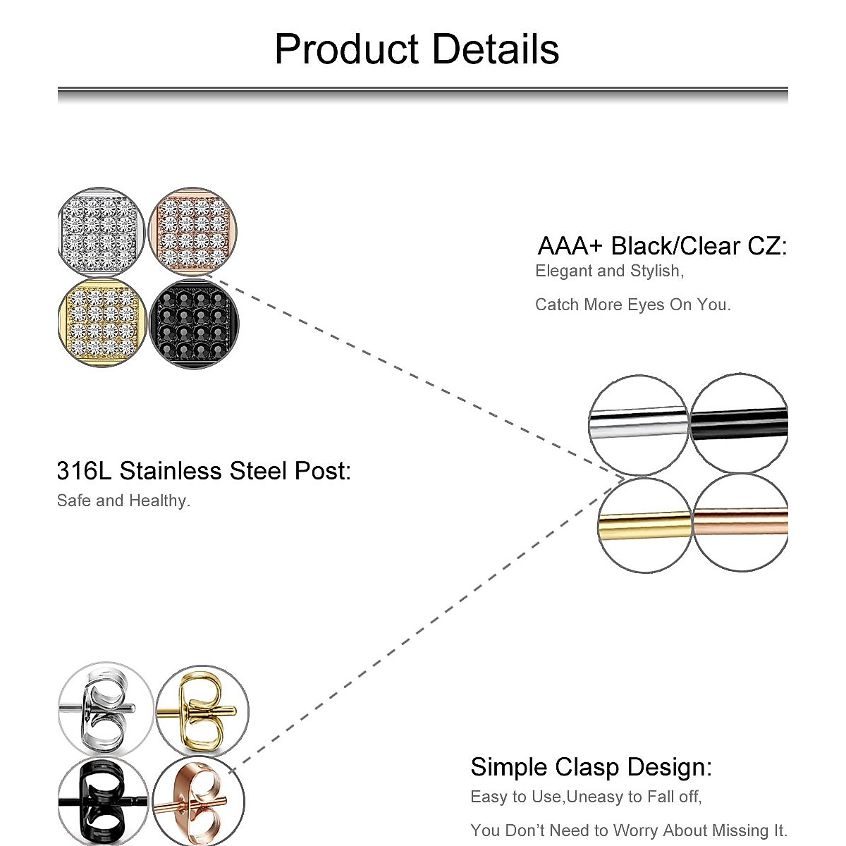 FIBO STEEL 4 Pairs Stainless Steel Stud Earrings for Men Women Square CZ Earrings,8MM