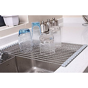 Ahyuan Roll up Dish Drying Rack Over The Sink Dish Drying Rack Dish Rack Over Sink Rolling Rack Dish Racks for Kitchen Counter (11.8''Wx17.8''L, Warm Grey)