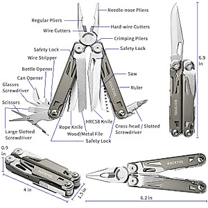 ROCKTOL Multitool,19-in-1 Multitool Pliers with Titanium-plated Handle, Safety Locking, Lightweight EDC Tool and Nylon Sheath for Gifts,Men,Outdoor Survival,Hiking,Camping