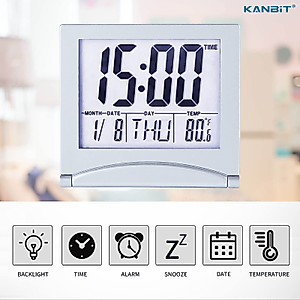KANBIT Small Digital Travel Alarm Clock Battery Operated, Portable Large Number Display Loud Alarm Clock with Temperature, Night Backlight, 12/24 H Desk Clock -Silver (White Light)