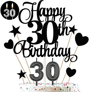 30th Birthday Cake Decorations Set Include 30th Birthday Candles Numeral 30 Cake Candles and Happy 30th Birthday Cake Toppers with Heart Star Cupcake Picks for Birthday Party (Black Series)