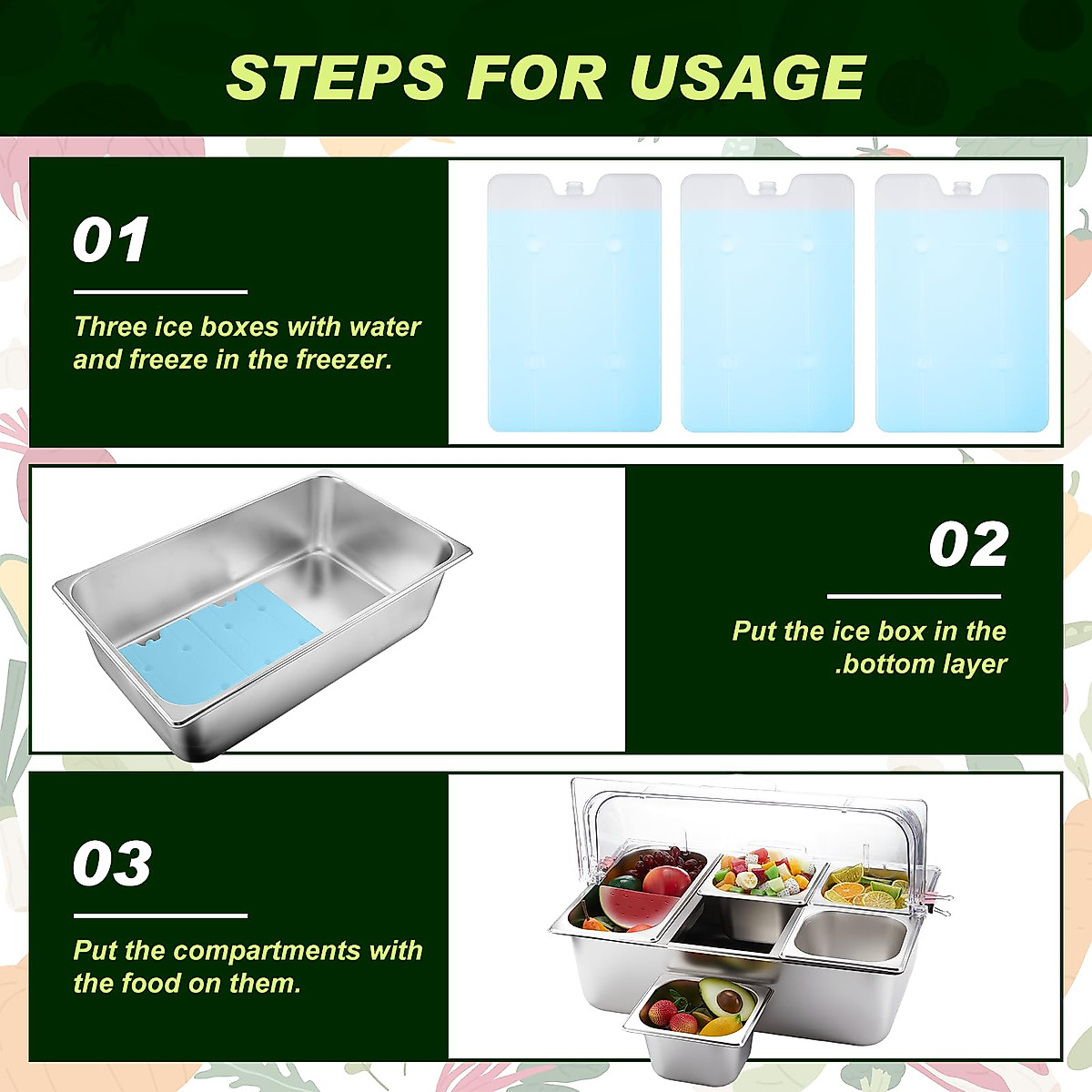 Tessco 1 Set Countertop Ice Food Serving Display Container Condiment Dispenser with Lid Stainless Steel Serving Tray Buffet Station with Clamps Spoons Ice Box for Restaurant Kitchen (5 Compartments)