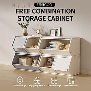 UNICOO® 2+4 Free Combination Stackable Plastic Storage Cabinet | Customizable Storage Shelves, Lightweight Organizer, Efficient Storage and Organizer | Home, Office, School, Dorm (2+4 Gray & Cream)