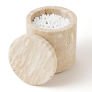 WORHE Travertine Stone Canister Natural Marble Cotton Swabs Container with Lid Large Capacity Cotton Ball Storage Jar for Cotton Swab, Cotton Ball, Makeup Pad, Bath Salt Beige (WH050)