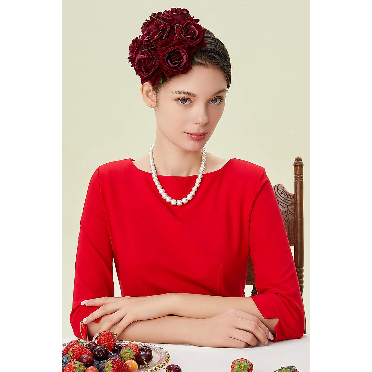 BABEYOND Floral Fascinators for Women Feather Fascinators Headband for Cocktail Tea Party (WineRed)