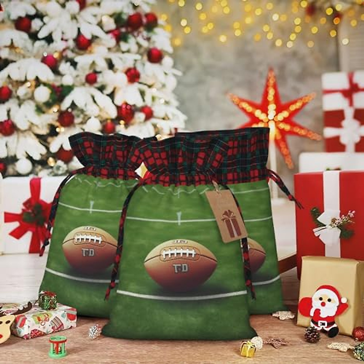 Christmas Gift Bags with Drawstring Burlap Gift Bags American Football Christmas Linen Bags for Xmas Party Candy Bags with Cards Xmas Reusable Wrapping Bags Christmas Linen Treat Bags for Holiday