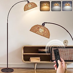 Arch Floor Lamp- Bronze Boho Floor Lamps with Remote, 360° Rattan Shade, Foot Switch, Rattan Floor Lamp with Stepless Dimmable LED Bulb, Brown Rustic Floor Lamp for Living Room, Bedroom, Office