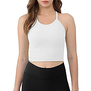 ODODOS Women's Crop Camisole 3-Pack Washed Seamless Rib-Knit Crop Tank Tops, Long Crop, White Gray Black, Medium/Large