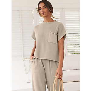 ANRABESS Women's Two Piece Outfits Knit Sweater Vest Crop Top Pants Lounge Matching Tracksuit Sweatsuit Travel Clothes Sets Khaki Small