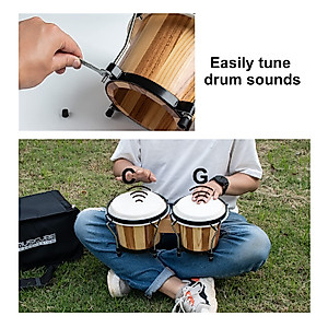 MUSICUBE Bongo Drums for Kids Adults Professional 6” and 7” Tunable Hand-Crafted Bongo Drum Percussion Instrument with Tuning Wrench and Storage Bag (Natural Skin)