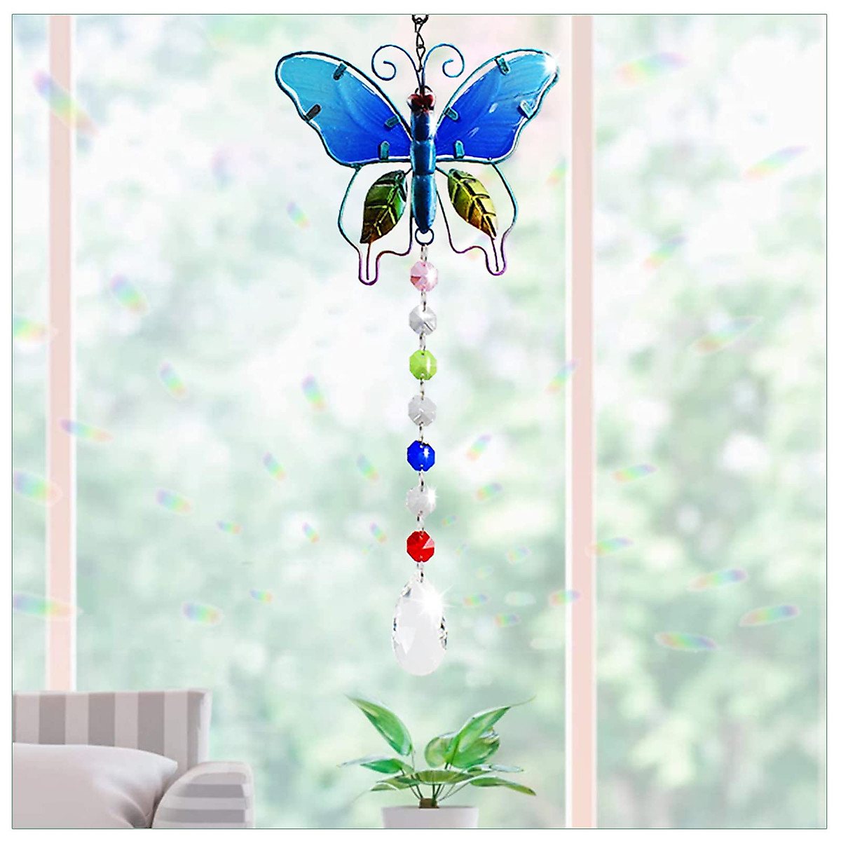 Andiker Crystal Suncatchers Hanging, Stained Glass Butterfly Crystal Ball Prisms Ornament, Rainbow Maker Home Décor for Windows Chandelier Home Garden, Gift for Bird Lovers (Blue)