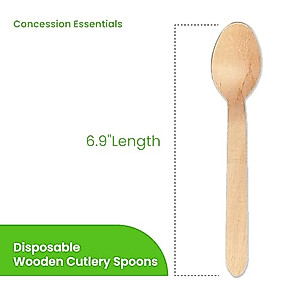 Concession Essentials Disposable Wooden Cutlery Spoons, Compostable and Earth Friendly, 6.25 Inch Length - Pack of 100 Spoons