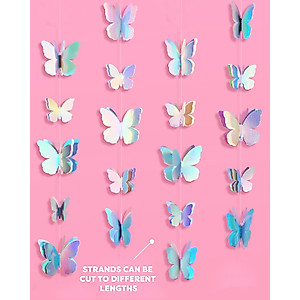 xo, Fetti 3D Iridescent Butterfly Hanging Garland - 4 pcs, 12' | Bachelorette Party Decorations, Birthday Supplies, Baby Shower Photo Booth, HBD, Garden Party Favors, Y2k