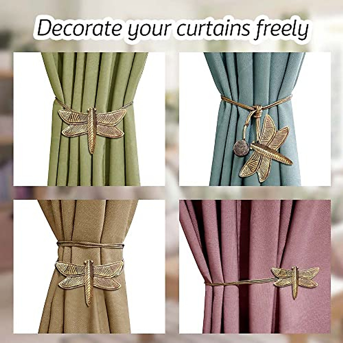 Vineland Retro Brown Dragonfly Magnetic Curtain Tie Back, 2 Pack Decorative Resin Animal Boho Holder for Curtains Drape, Rustic Home Decoration