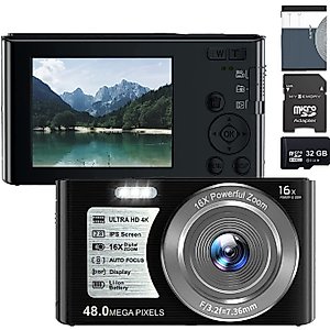 eDealz 48MP Digital Camera Compact Point and Shoot Camera with 32GB SD Card, 16X Digital Zoom, Kids Camera 2.8 Inch Screen, Vlogging Camera for Teens Students Boys Girls Seniors (Black)