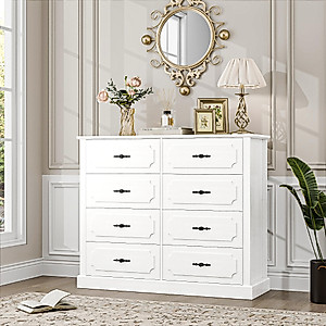 FINETONES White Dresser Chest of Drawers, 47.2“ Wood Dresser 8 Drawer with Steel Handles, Modern Dresser Drawers Floor Storage Cabinet for Living Room Hallway Office