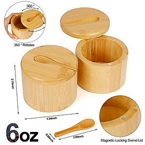 Loscarol 2Pcs Bamboo Salt Cellar Spice Box with Magnetic Swivel Lid & Spoon, Bamboo Storage Box Salt Container to Storage Pepper, Table Salt, Gourmet Salts, Spice, Sugar, 6 oz