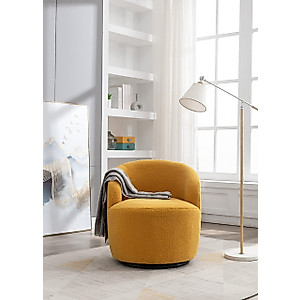 INMOZATA Swivel Barrel Chair, Teddy Fabric Modern Accent Armchair Barrel Chair with Metal Base, Upholstered Comfy 360°Round Single Reading Chair for Living Room Bedroom,Yellow