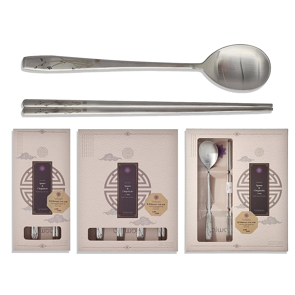 BALWOO [1 Set] [Made in Korea] Orchid Design Korean Style Sticky Rice Spoon Chopsticks Set Silverware Set 304 Stainless Steel Cutlery Set Soup Spoon Ramen Chopsticks Flatware (1 Set)