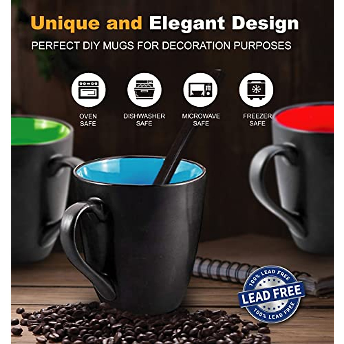 Bruntmor 16 Oz Black Coffee Mugs Set of 6, Large Size Ceramic espresso cups,Microwave safe Coffee Mugs For Your Christmas Gift, Black Coffee, Tea cups